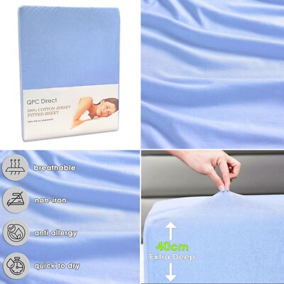 Jersey Stretch Fitted Sheet 100% Cotton Extra Deep 40cm 16" Soft Easy ...