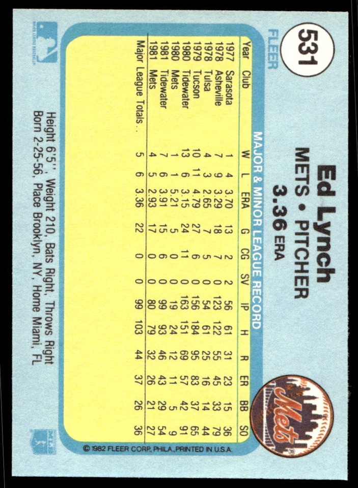 1982 Fleer 531 Ed Lynch New York Mets RC Baseball Card | eBay