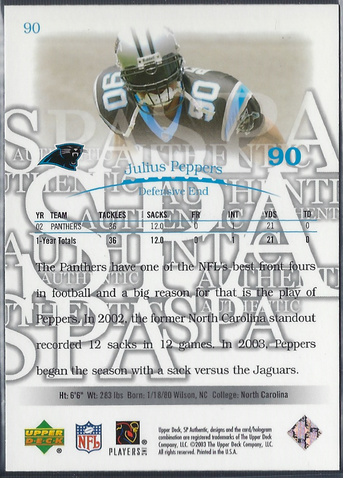 2003 SP Authentic Upper Deck #90 Julius Peppers Carolina Panthers NM ...