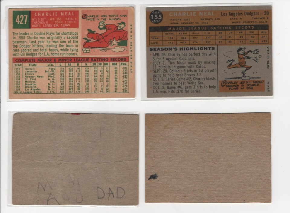 CHARLIE NEAL 1959 TOPPS #427, 1960 #155, 1961 & 1962 POST CEREAL LA ...
