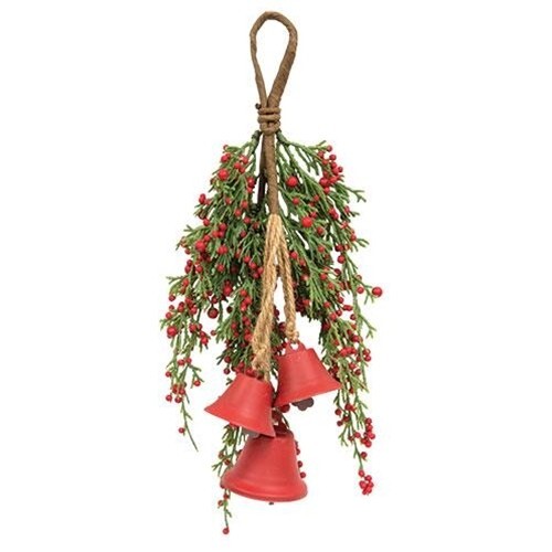 New Primitive Farmhouse Christmas CEDAR RED BERRY BELLS TEARDROP SWAG ...