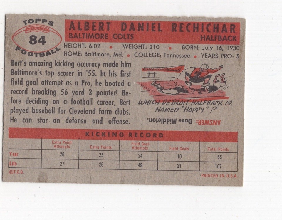 1956 TOPPS FOOTBALL BERT RECHICHAR BALTIMORE COLTS #84 | eBay