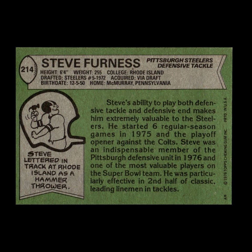 Steve Furness 1978 Topps Pittsburgh Steelers #214 R308H 1 | eBay