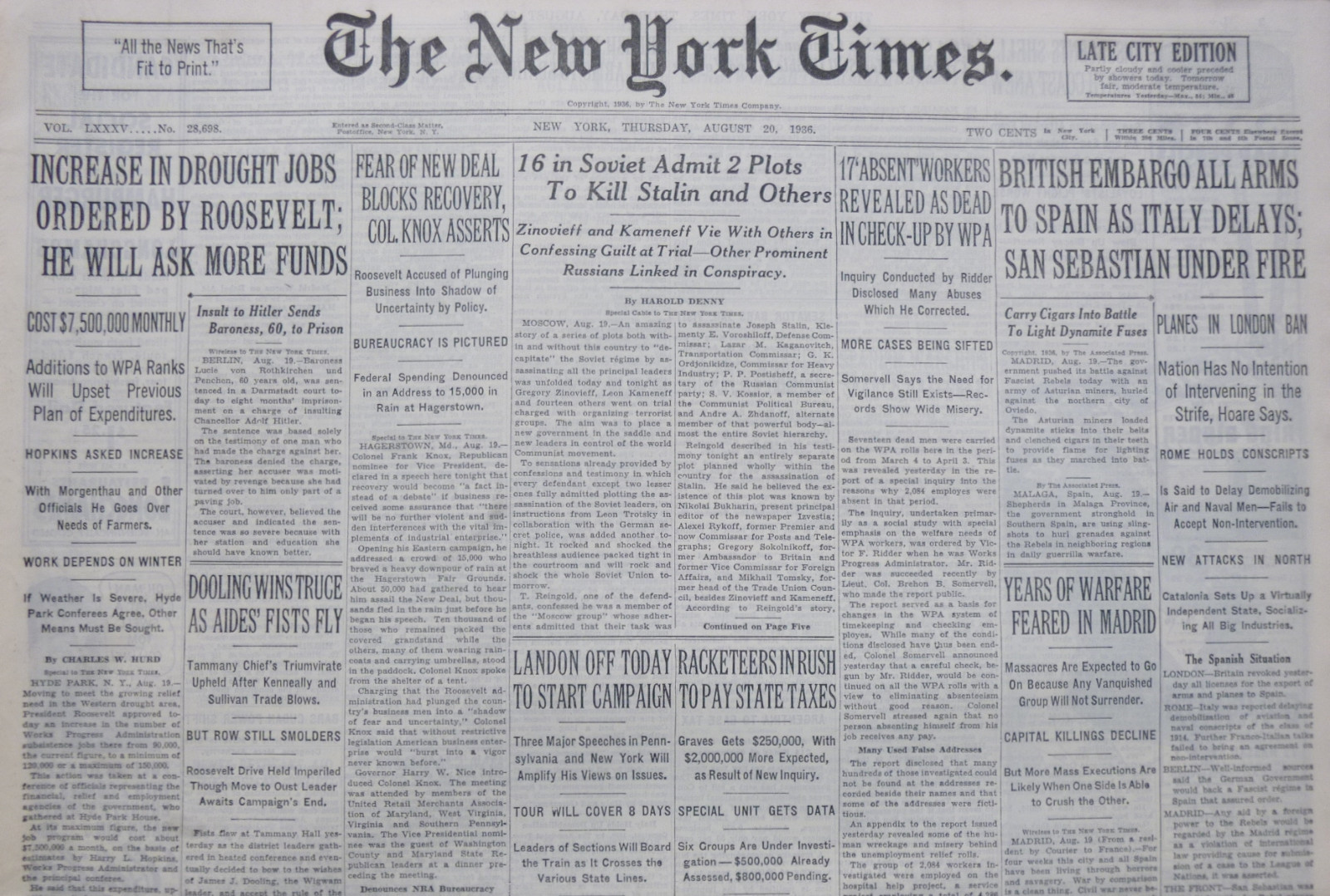 8-1936 August 20 BRITISH EMBARGO ALL ARMS TO SPAIN AS ITALY DELAYS. JOE ...