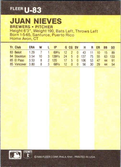 Juan Nieves 1986 Fleer Update #U-83 Baseball Card | eBay