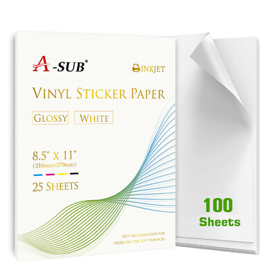 100 Sheets A-SUB Printable Vinyl Sticker Paper Glossy White 8.5x11 ...