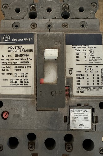 GE Spectra SEDA36AT0100 3 Pole 100 Amp 600V Circuit Breaker w/90A ...