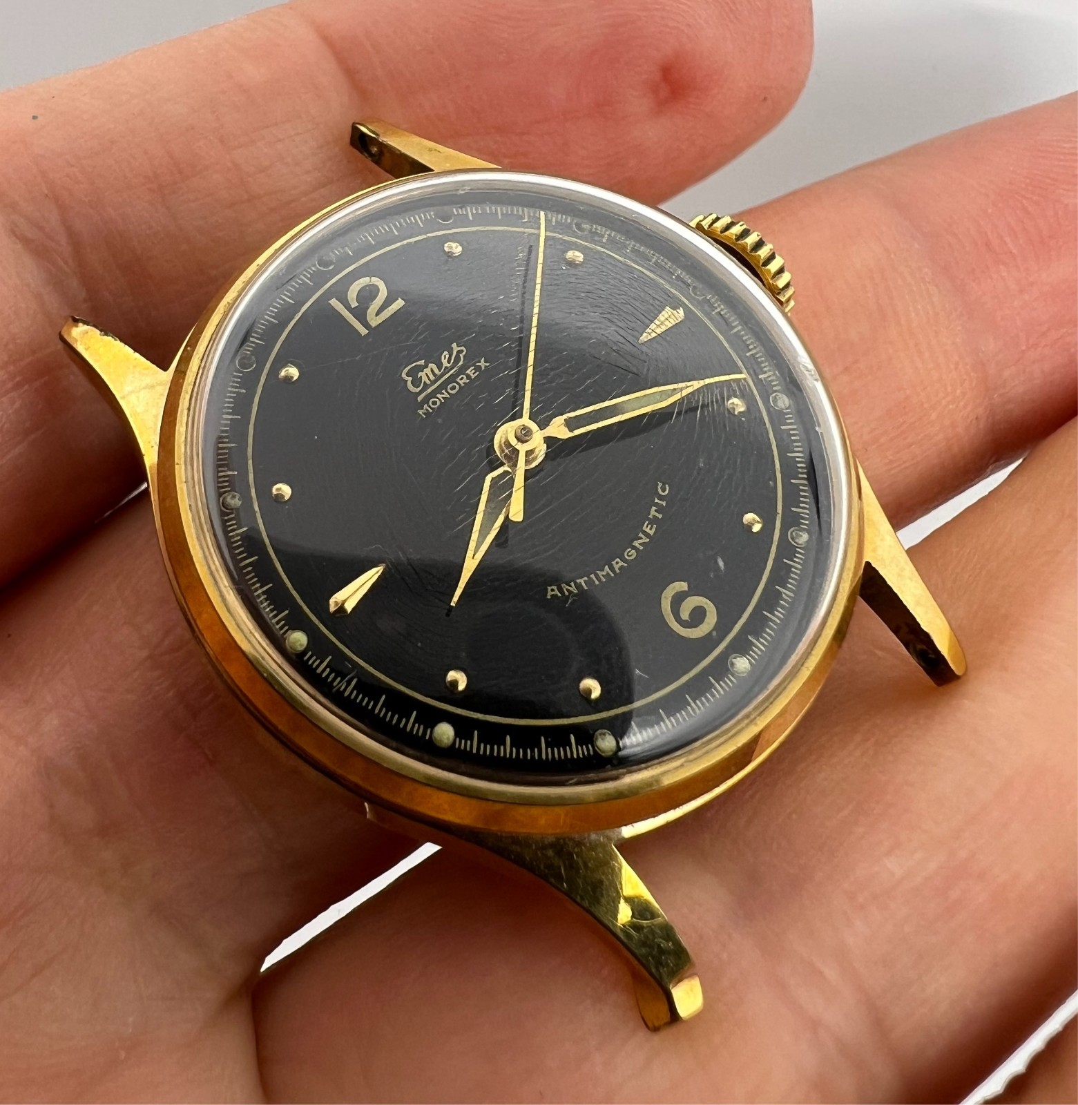 VINTAGE EMES GILT DIAL MADE IN GERMANY MENS GOLD PLATED WATCH PARTS OR ...