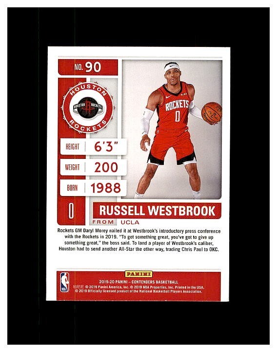 2019-20 Contenders Season Ticket Base #90 Russell Westbrook - Houston ...