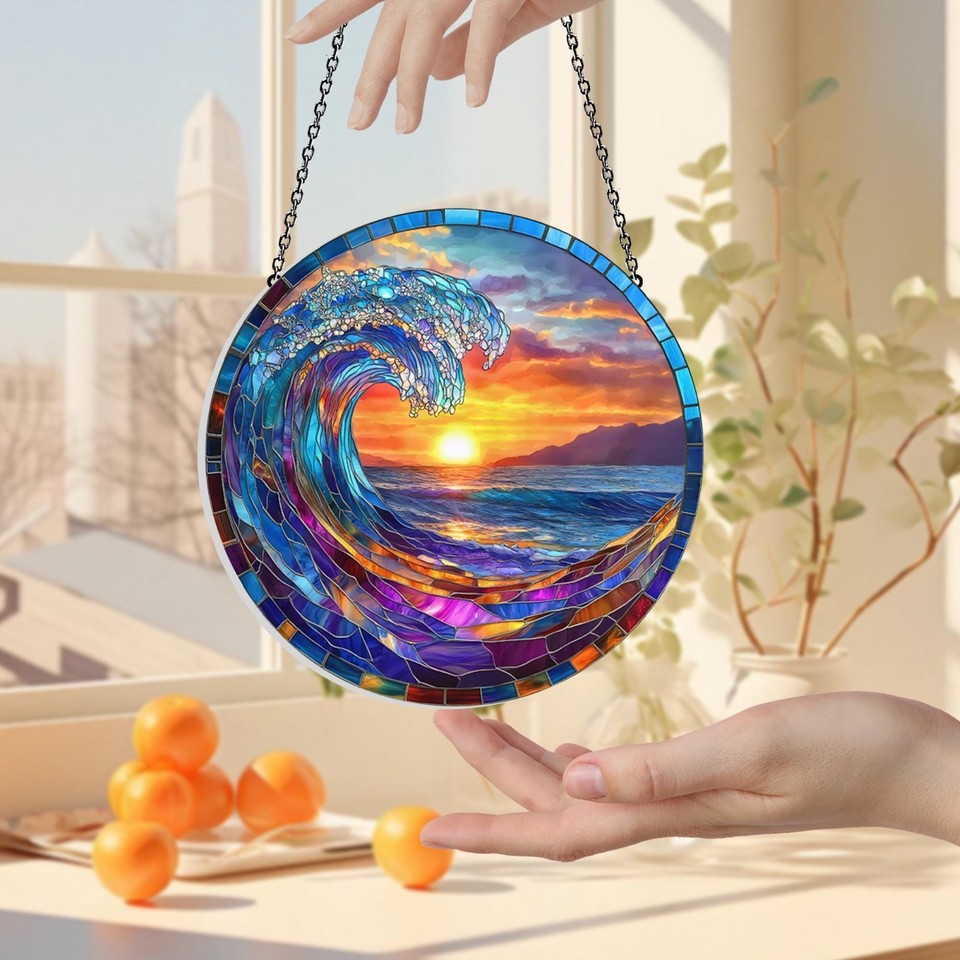Ocean Wave Stained Glass Suncatcher, Coastal Acrylic Window Hanging ...