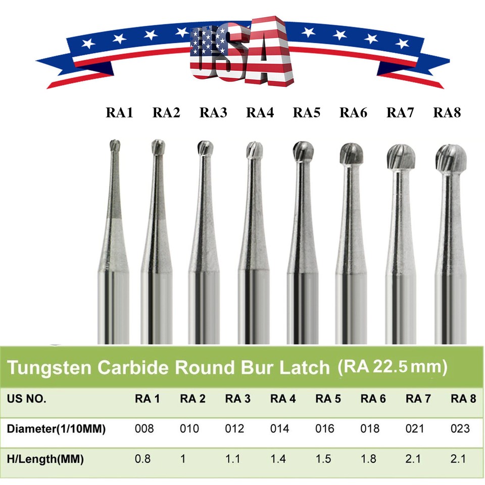 5-100 Dental Round Carbide Bur for Slow Speed Latch Type Handpiece RA 1 ...