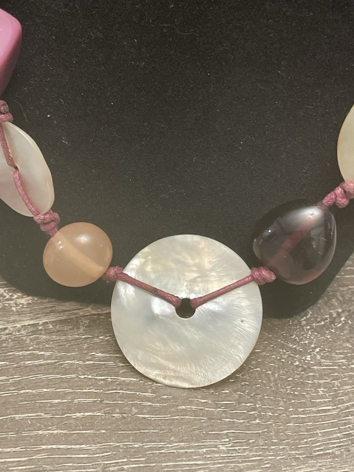 Boho Shell & Resin Statement Necklace Purple Pink Chunky Beads Artisan ...