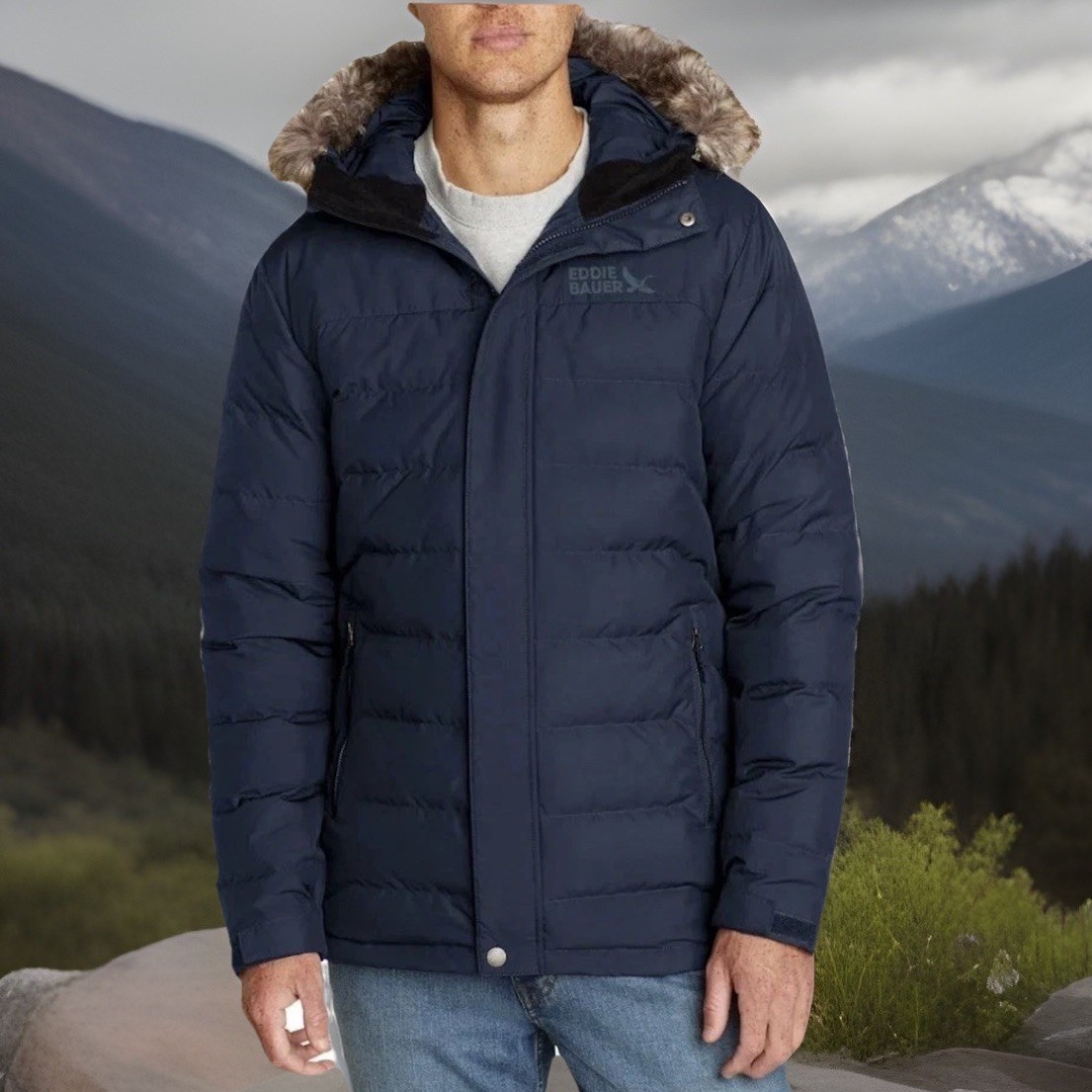 Eddie Bauer Men's 650 Fill Down Parka XL Water Resistant Faux Fur Hood ...