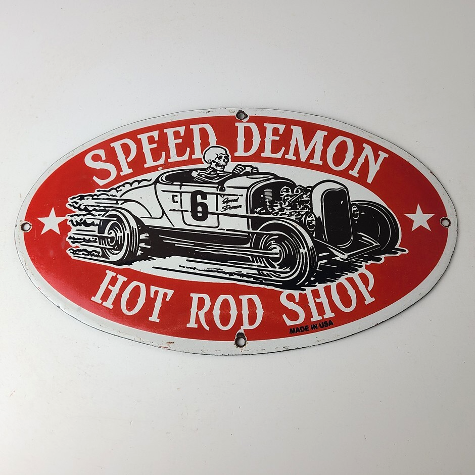 Vintage Hot Rod Shop Sign - Speed Demon Gasoline Service Pump Porcelain ...