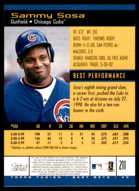 2001 Topps Fusion Bowman's Best Sammy Sosa #211 Chicago Cubs MINT FREE ...