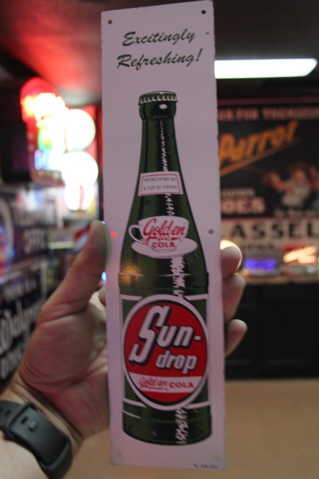 RARE 1950s ENJOY COFFEE BREAK SUN DROP COLA GOLDEN PAINTED METAL SIGN ...
