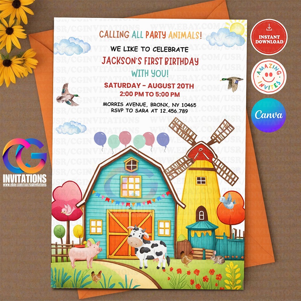 Barnyard Farm Animals Birthday Party Invitations Editable Farm Themed