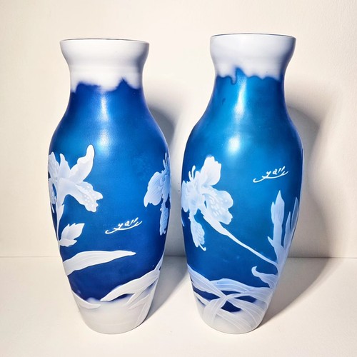 Emile Galle Reproduction Art Nouveau Blue White Floral Cameo Glass Vase ...