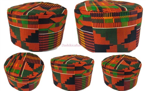 Men Women Kids Traditional Kent Kofi Hat African Cap Kufi Gold Orange ...