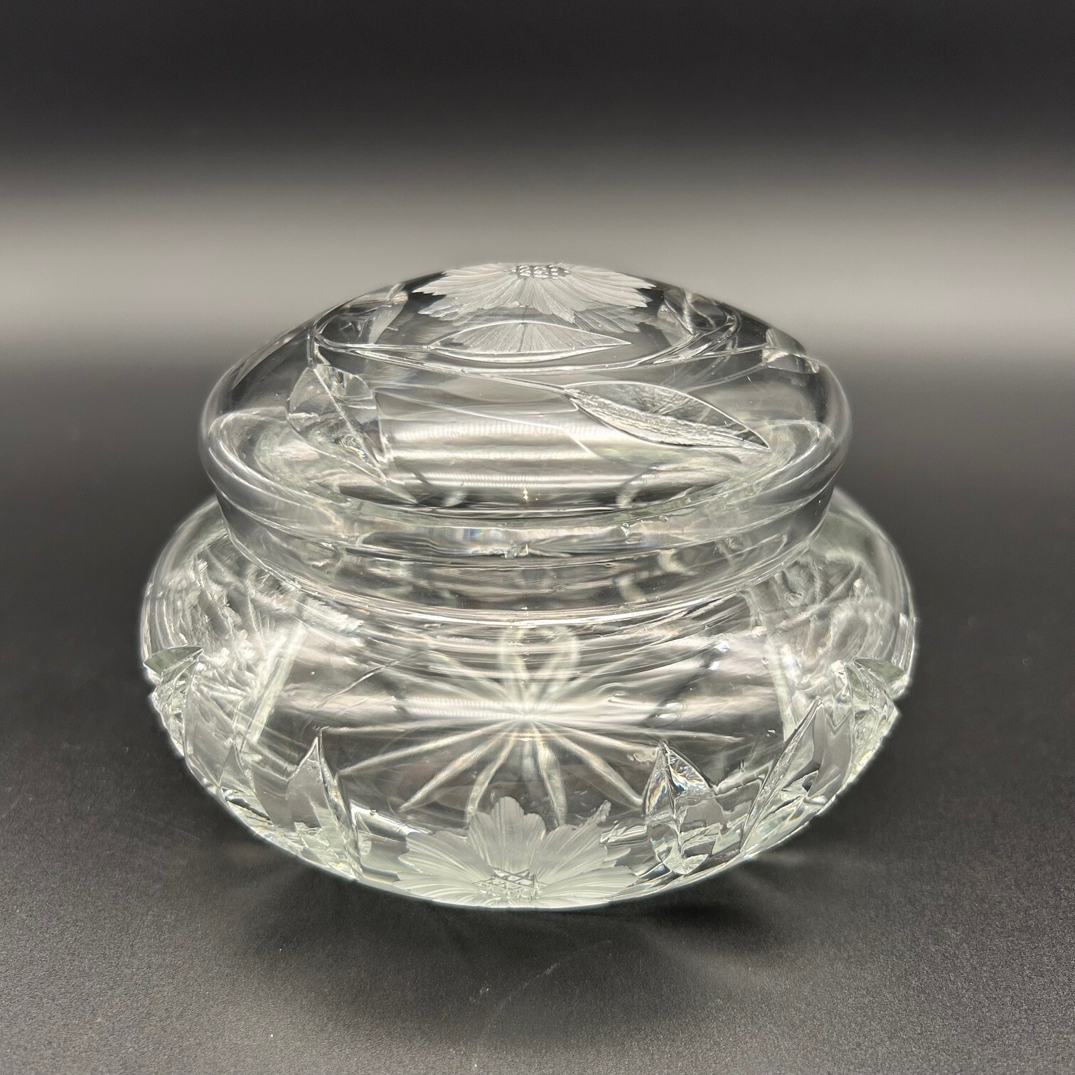 American Brilliant Cut Glass Vanity Puff Jar with Lid Wheel Flowers ...