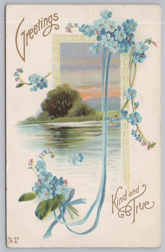 Greetings~View Across Lake~Forget Me Nots & Blue Ribbon~Vintage ...