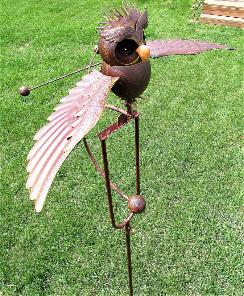 Wing Flapping Kinetic Metal Brown Owl Yard Stake Rocking Wind Spinner ...