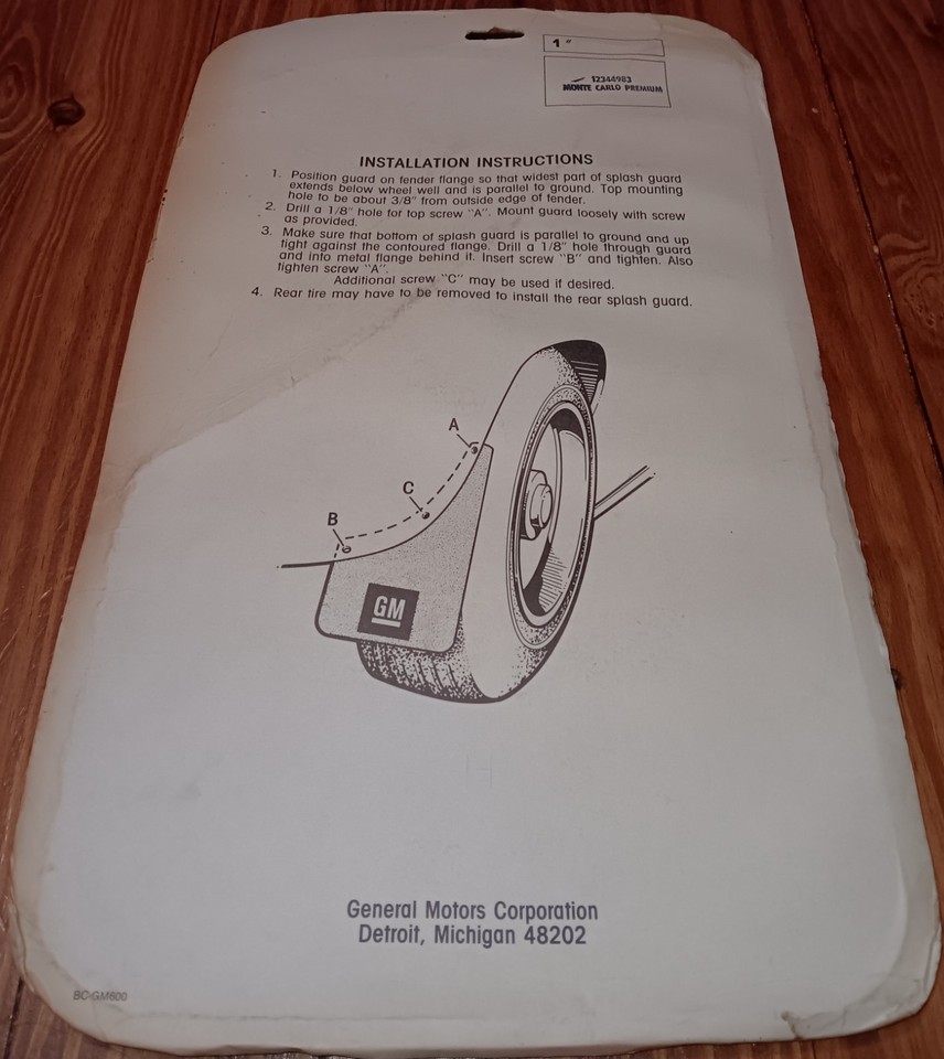 NOS GM Goodwrench # 12344983 Chevy Monte Carlo Premium Splash Guards ...