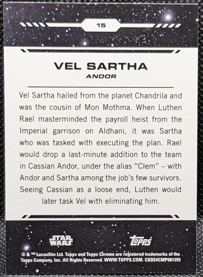 24 Topps Chrome Star Wars Blue Blaster Pulsar Refractor VEL SARTHA ...