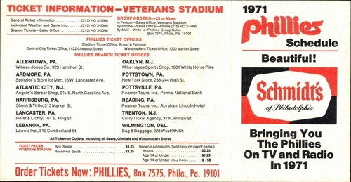 1971 Philadelphia Phillies pocket schedule sponsored by Schmidt's Beer ...