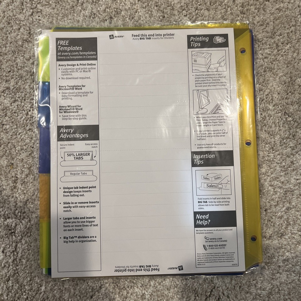 Avery Insertable Big Tab Plastic Dividers w/Single Pockets 5-Tab 11 1/8 ...