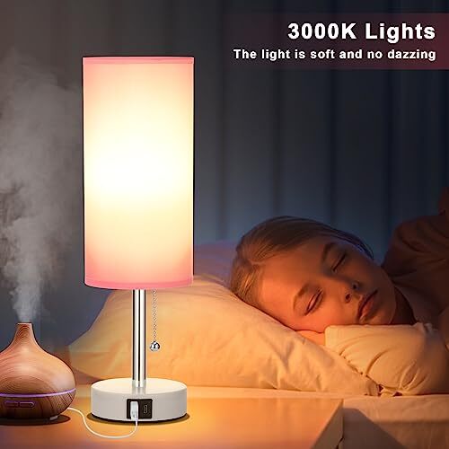 Nightstand Lamp with Color Modes - Pink Bedroom Lamp with USB Charging ...