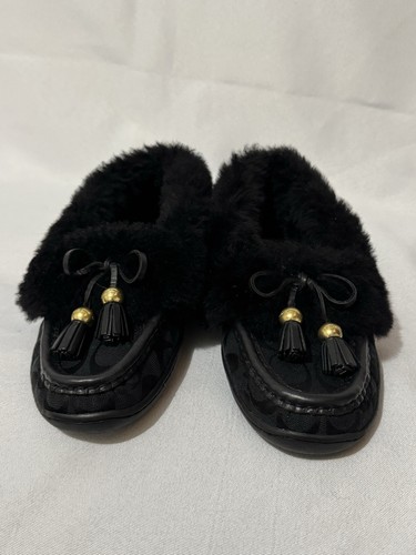 Coach Fiona Signature & Leather Shearling Moccasin Slippers Black 6B ...