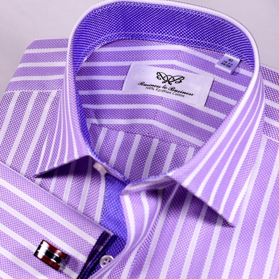 Purple White Stripes Elegant Double Ply Wevon Business Shirts With ...
