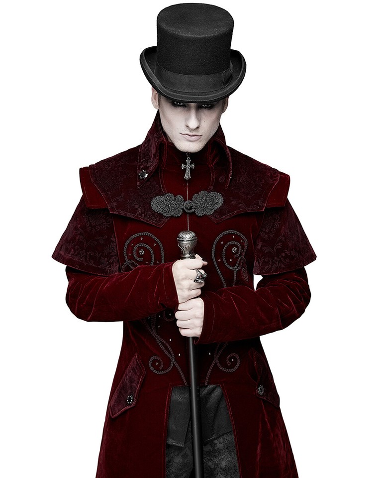 Devil Fashion Mens Long Gothic Coat Jacket Red Velvet Damask Steampunk ...