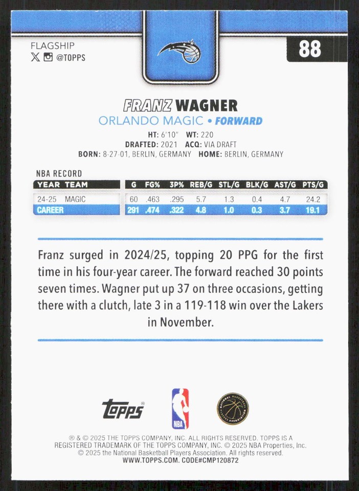 2025-26 Topps #88 Franz Wagner Green Rainbow #/99 | eBay