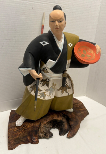 Vintage Japanese Hakata Samurai Clay Figurine Large 15" Plus Wood ...