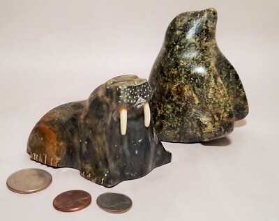 INUIT LUKE stone carving vtg alaska figurine pacific tribal art walrus ...