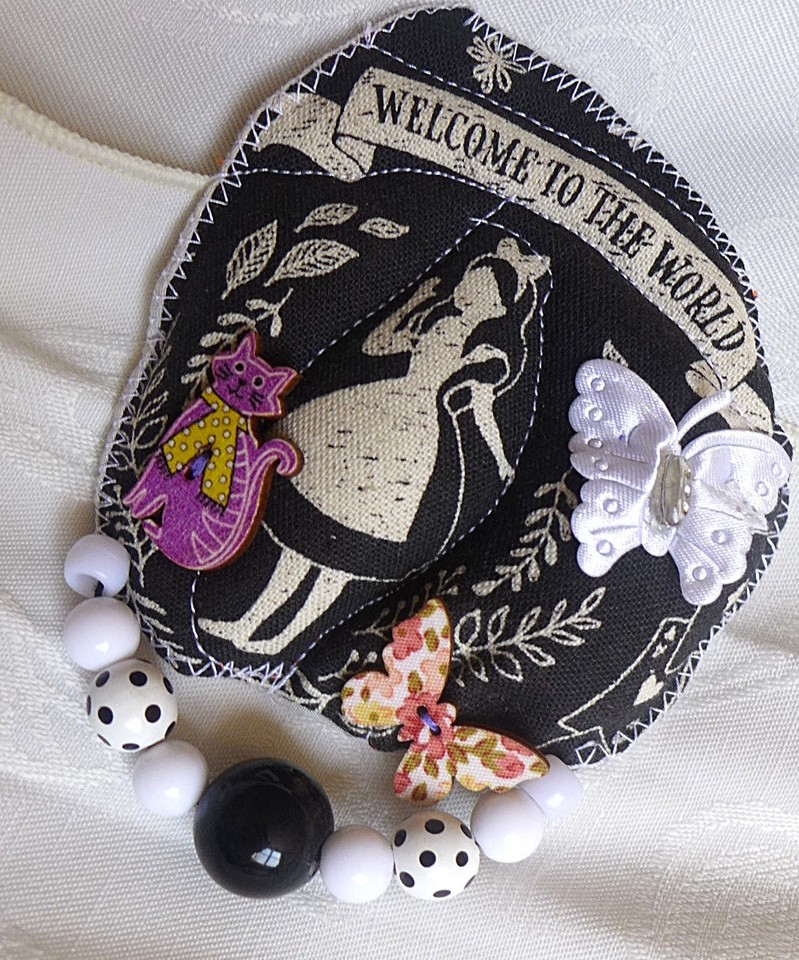 Fabric Handcrafted Romantic Brooch Pin Alice And Cat Button Beads One ...