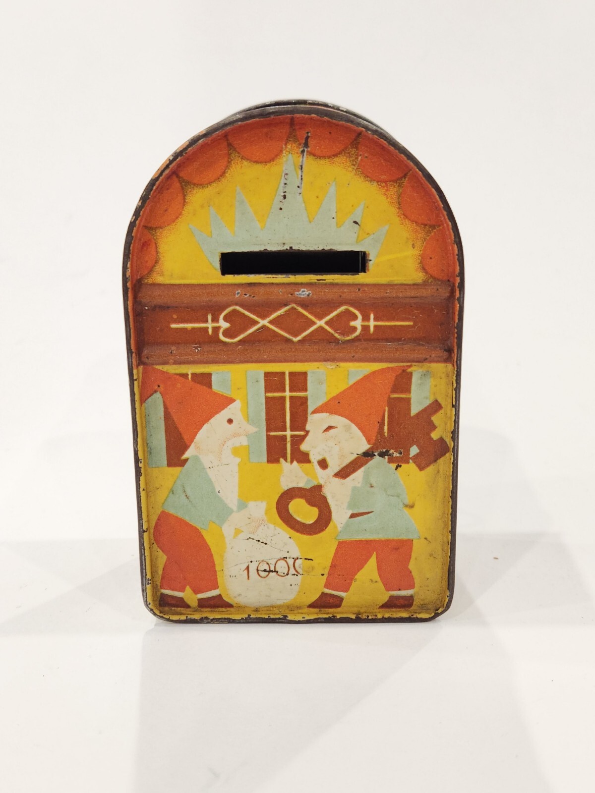 Vintage Antique Tin Litho Dime Coin Bank WITH KEY - Gnomes with Money ...