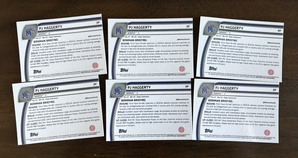 (6) 2024-25 BOWMAN CHROME U PJ HAGGERTY 1ST BOWMAN Memphis Tigers #59 ...