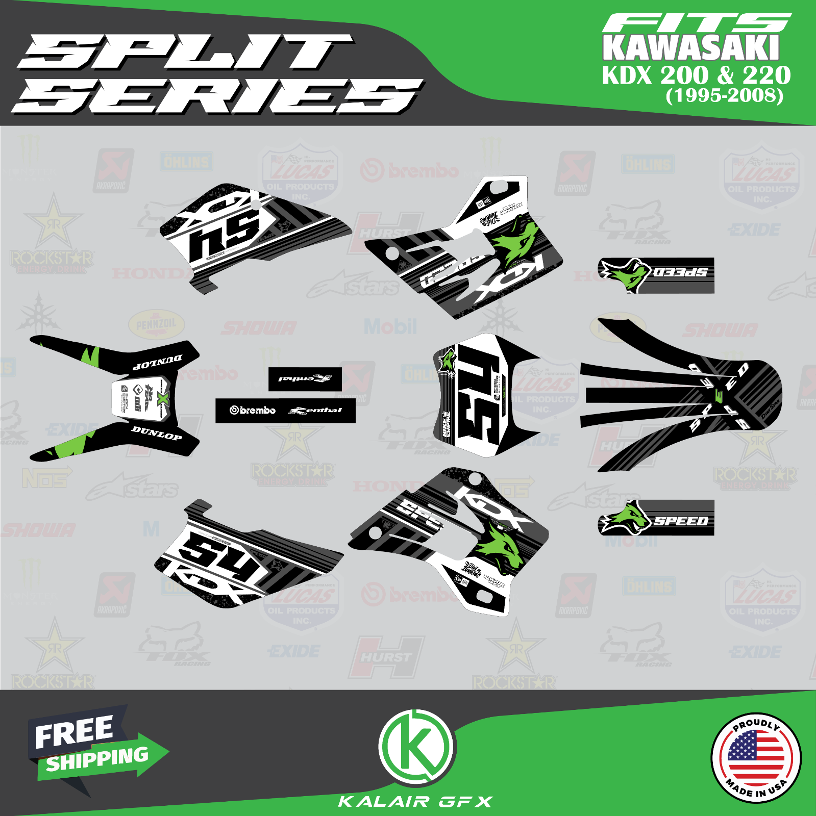 Graphics Kit for KAWASAKI KDX 200 220 (1995-2008) Split- Green | eBay