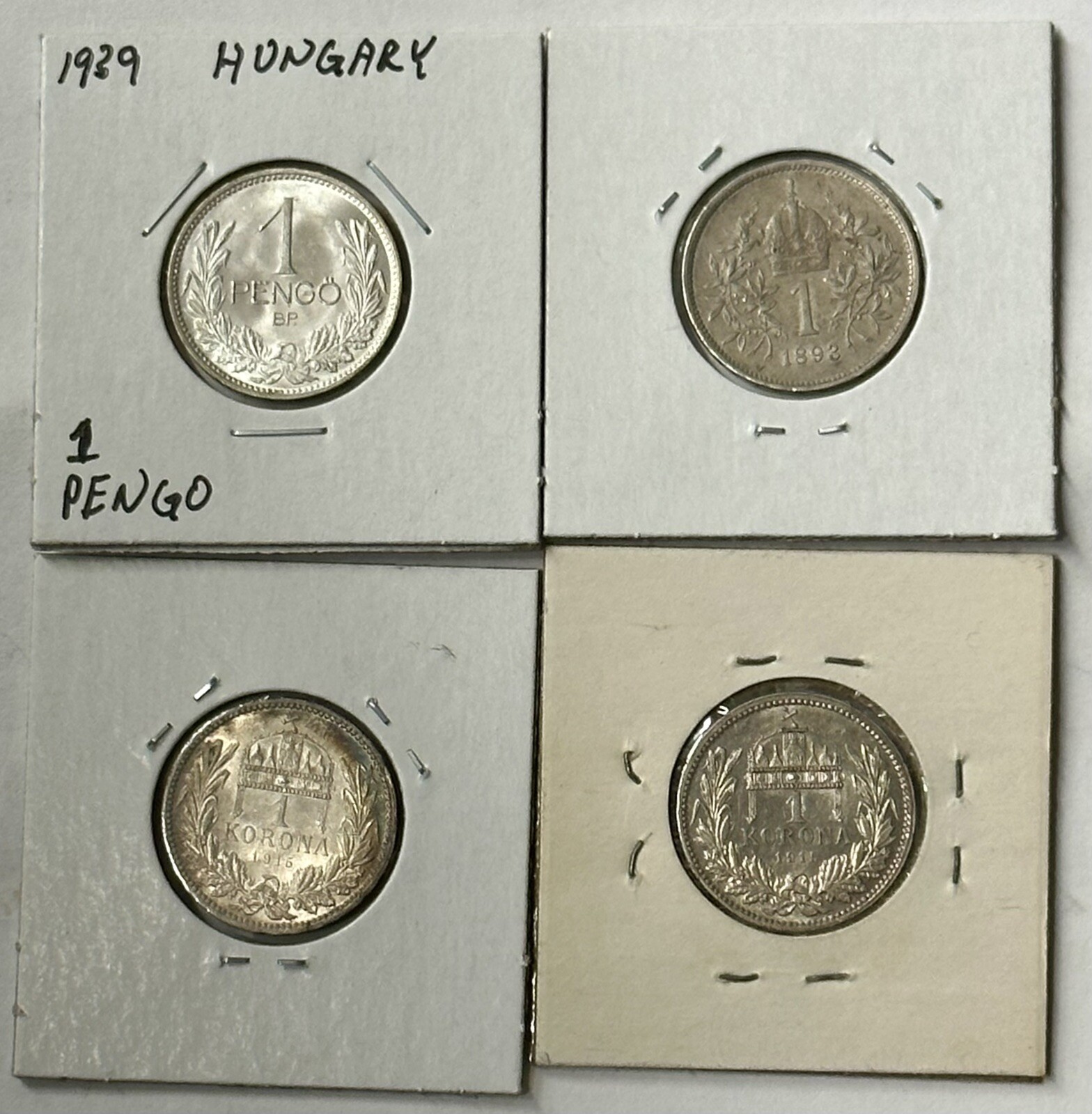 Lot Of 4 Hungary World Silver Coins 1 Pengo/Korona (1893, 1915, 1939 ...