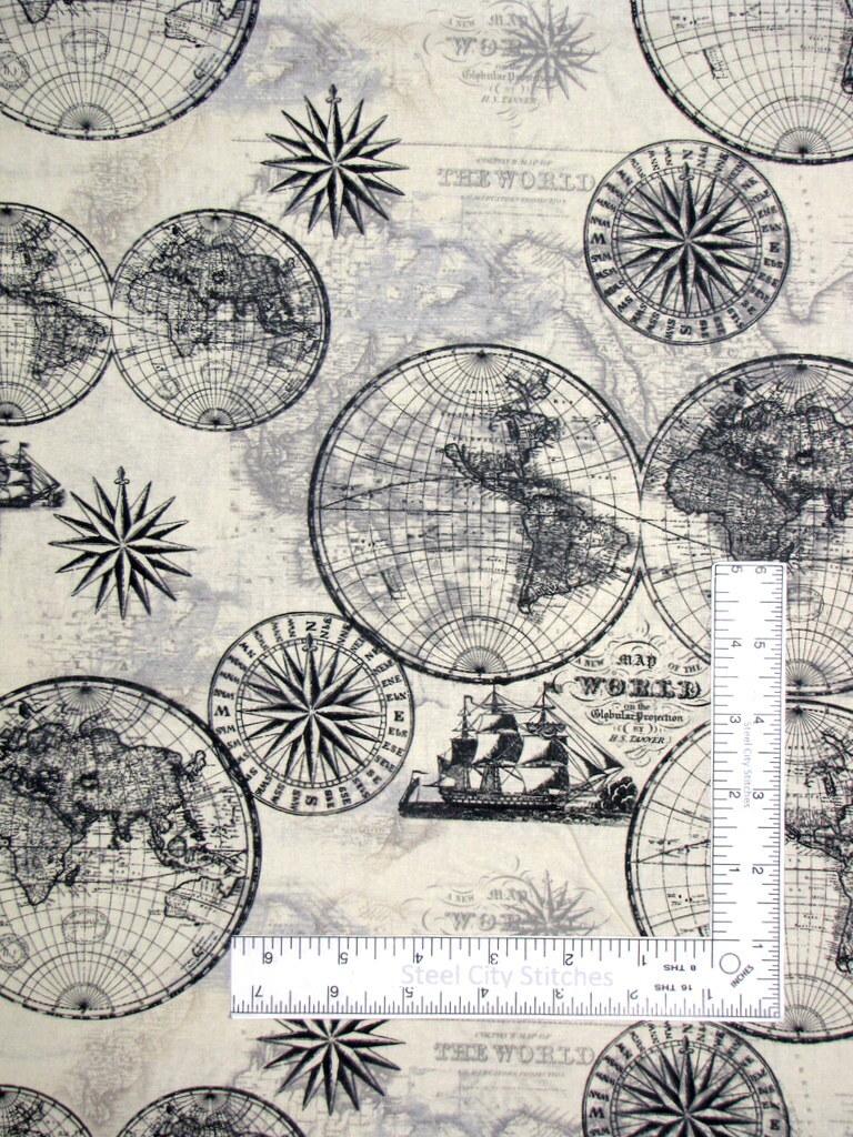Ocean Maps Nautical Mariner Compass Fabric Cotton David Textiles By The ...
