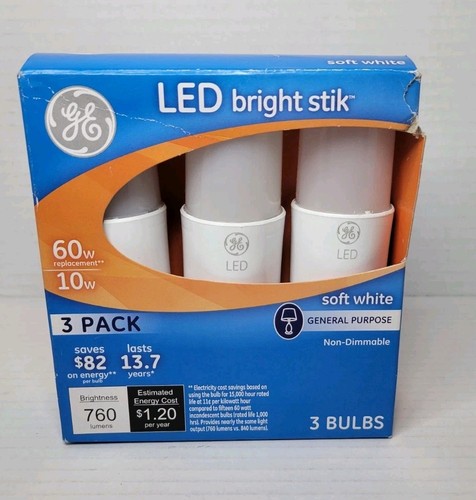 3 Pack GE LED Bright Stik 60W/10W Soft White Non Dimmable 760 Lumens ...