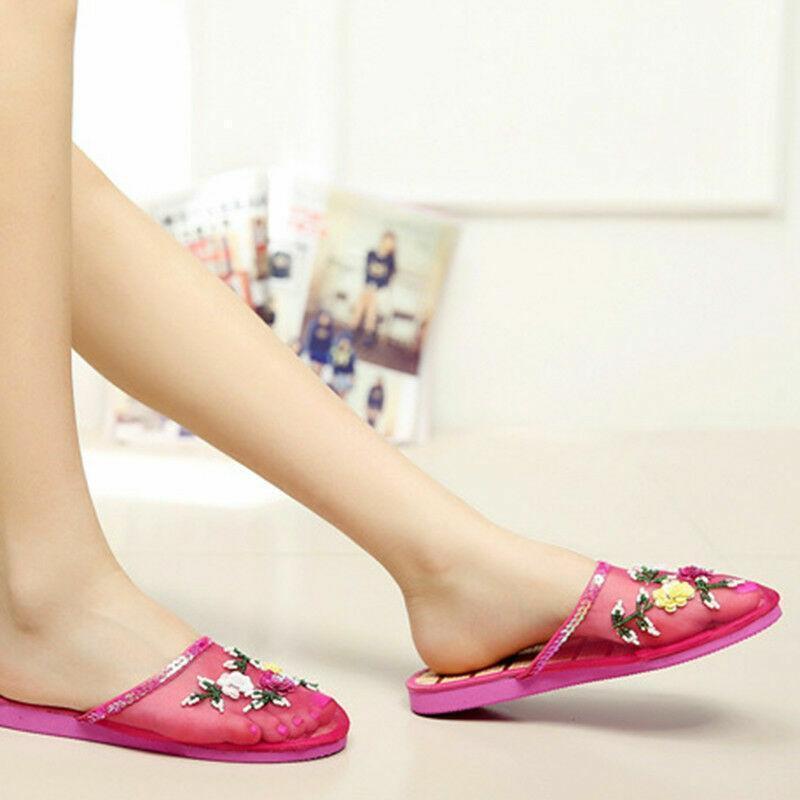 Women Chinese Mesh Floral Slippers Slides Slip On Flats Flip Flop ...