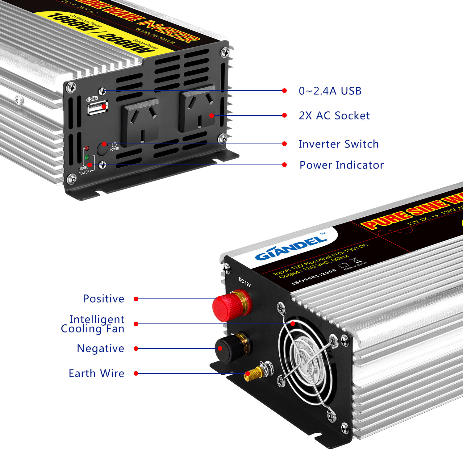 Giandel 1000W/2000W Power Inverter Pure Sine Wave 12V-240V Cigarette ...