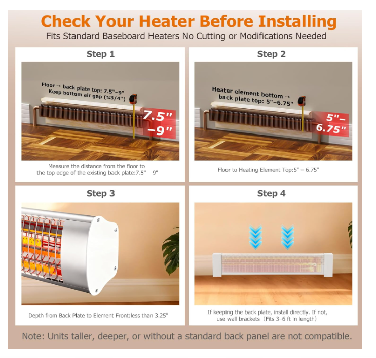 Adjustable 3-6FT Baseboard Heater Cover Galvanized Steel Easy Slip-On ...