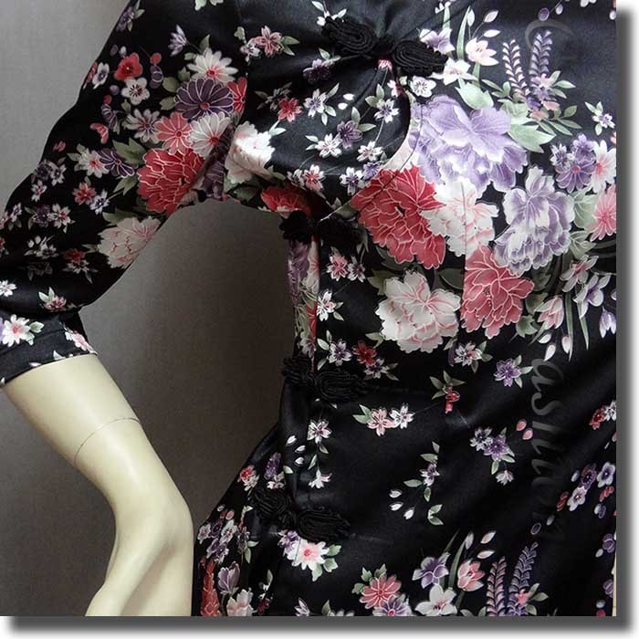 Chinese Cheongsam Qipao Style Floral Satin Tunic Top Black XS/S/L/XL | eBay