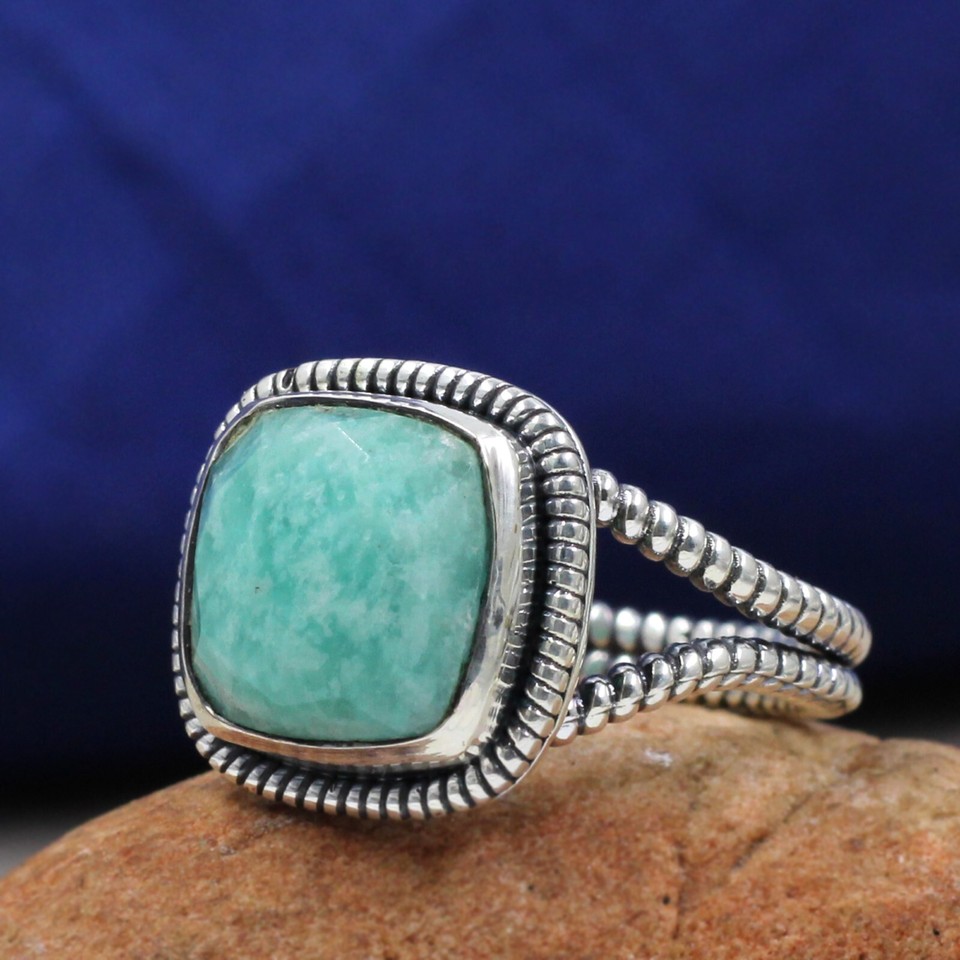 Sterling 925 Silver Oxidized Jewelry Amazonite Gemstone Men's Ring Size ...