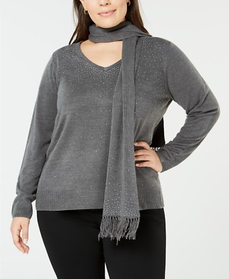 Debbie Morgan Sweater Scarf Set Grey Embellished V-Neck Pullover Size XL NWT | eBay